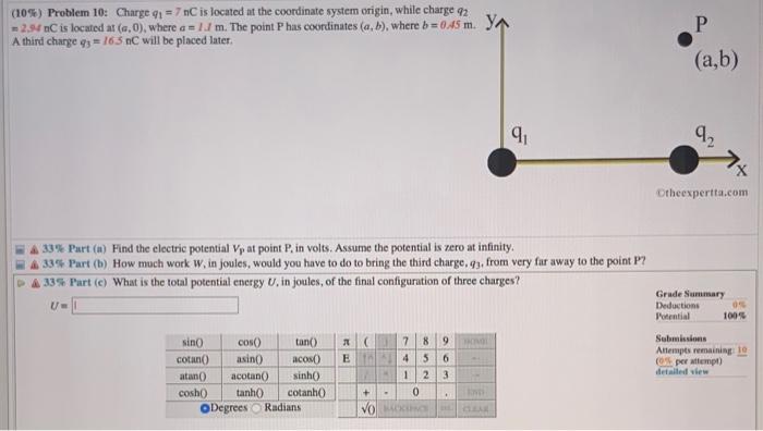 Solved (10\%) Problem 10: Charge q1=7nC is located at the | Chegg.com