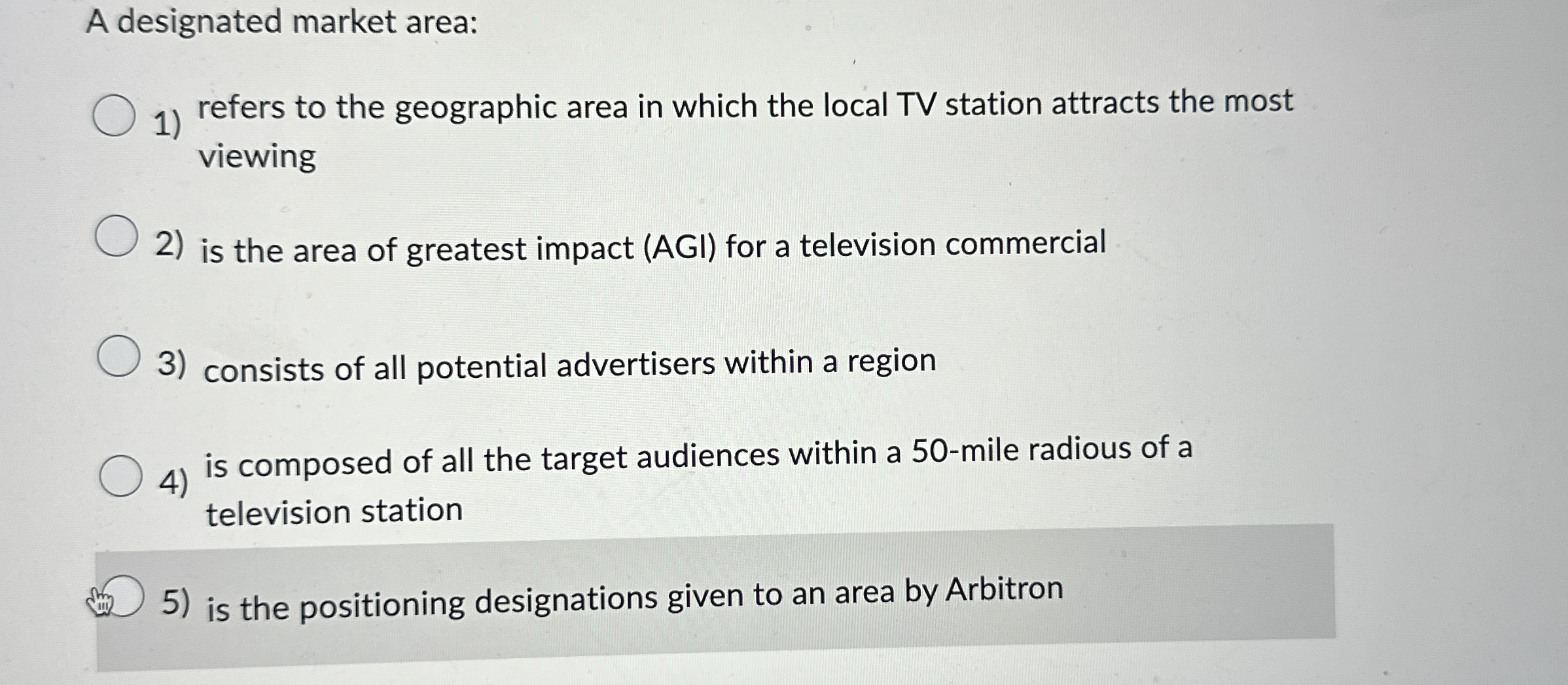 Solved A designated market area:refers to the geographic | Chegg.com