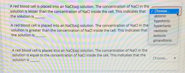 Solved A red blood cell is placed into an NaCl(aq) solution. | Chegg.com