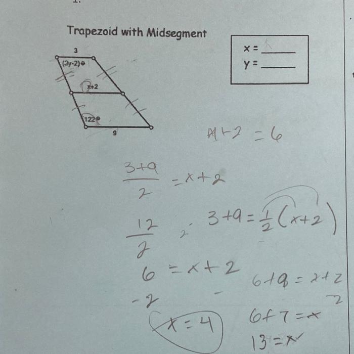 Solved Trapezoid with Midsegment 3 X- Y= (y-2) 122 A2 = 6 | Chegg.com