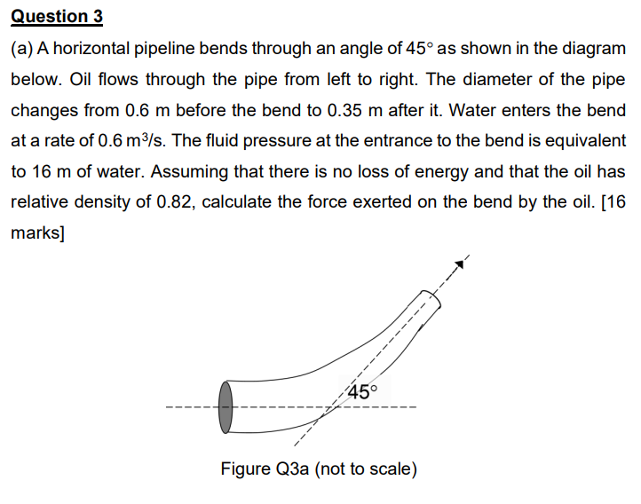 Solved Question 3(a) ﻿A horizontal pipeline bends through an | Chegg.com