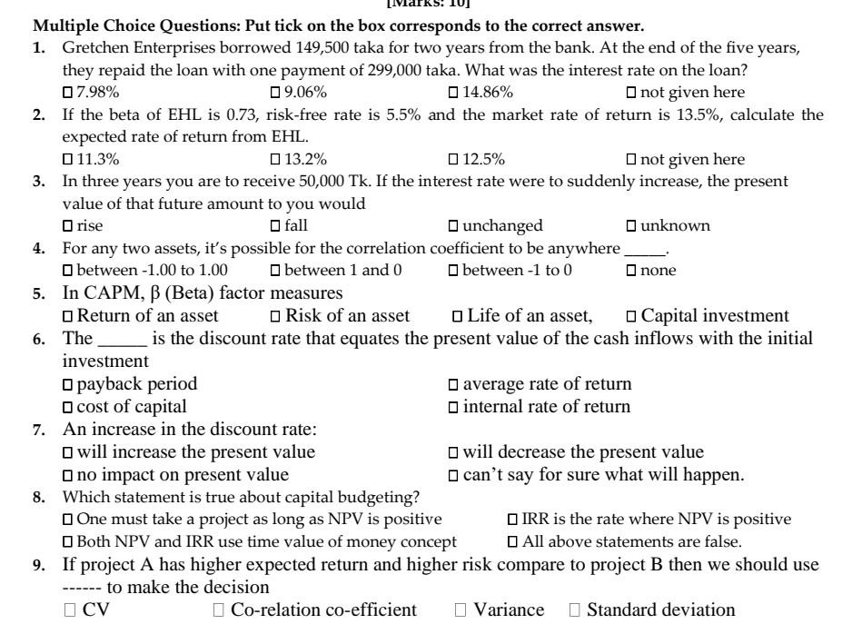 Solved Multiple Choice Questions: Put tick on the box | Chegg.com