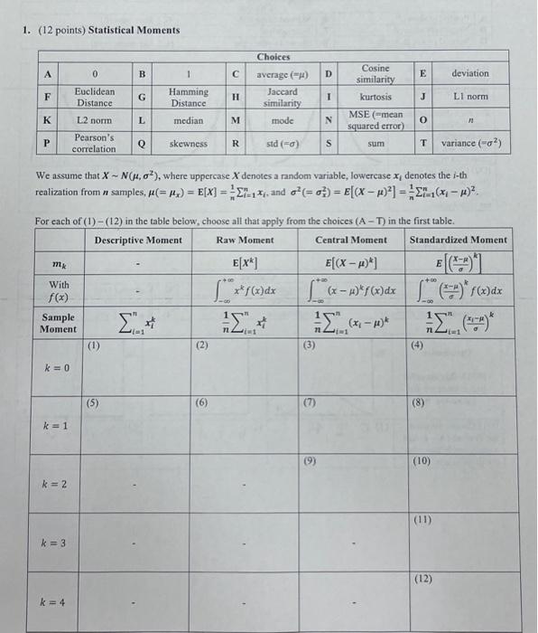 Solved 1. (12 points) Statistical Moments We assume that | Chegg.com