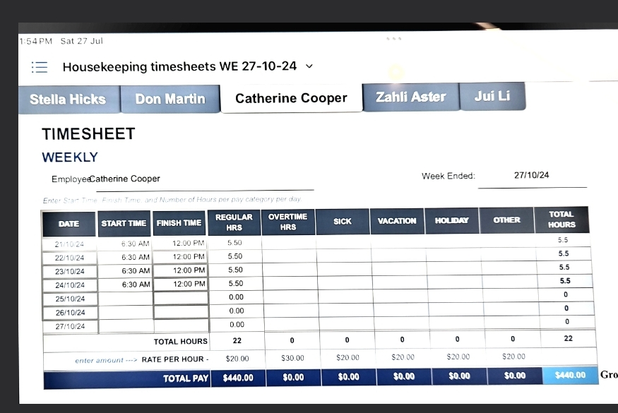 Solved 1:54 ﻿PM Sat 27 ﻿Julq,Housekeeping timesheets WE | Chegg.com