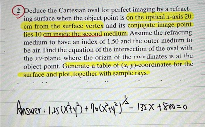 Solved (2) Deduce the Cartesian oval for perfect imaging by | Chegg.com