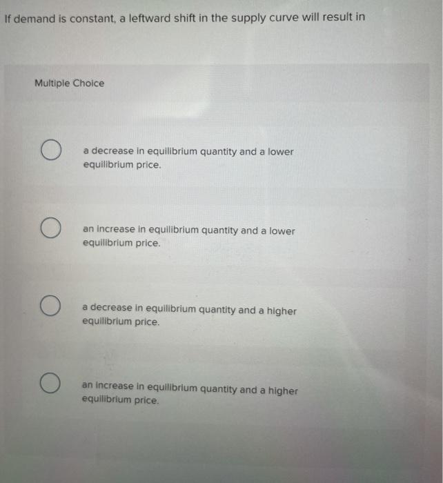 Solved If demand is constant, a leftward shift in the supply | Chegg.com