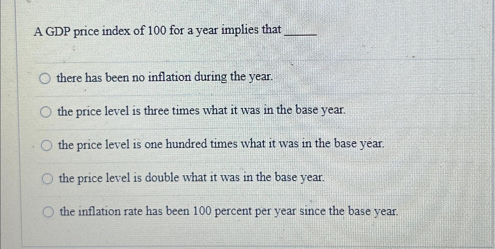 Solved A GDP price index of 100 ﻿for a year implies | Chegg.com