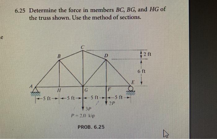 Solved 6.25 Determine the force in members BC, BG, and HG of | Chegg.com