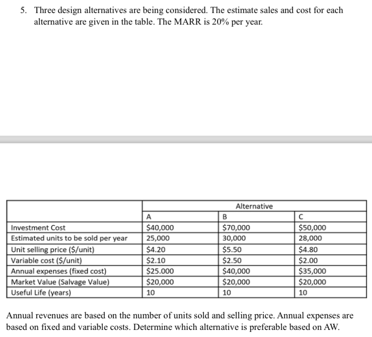 Solved Three design alternatives are being considered. The | Chegg.com