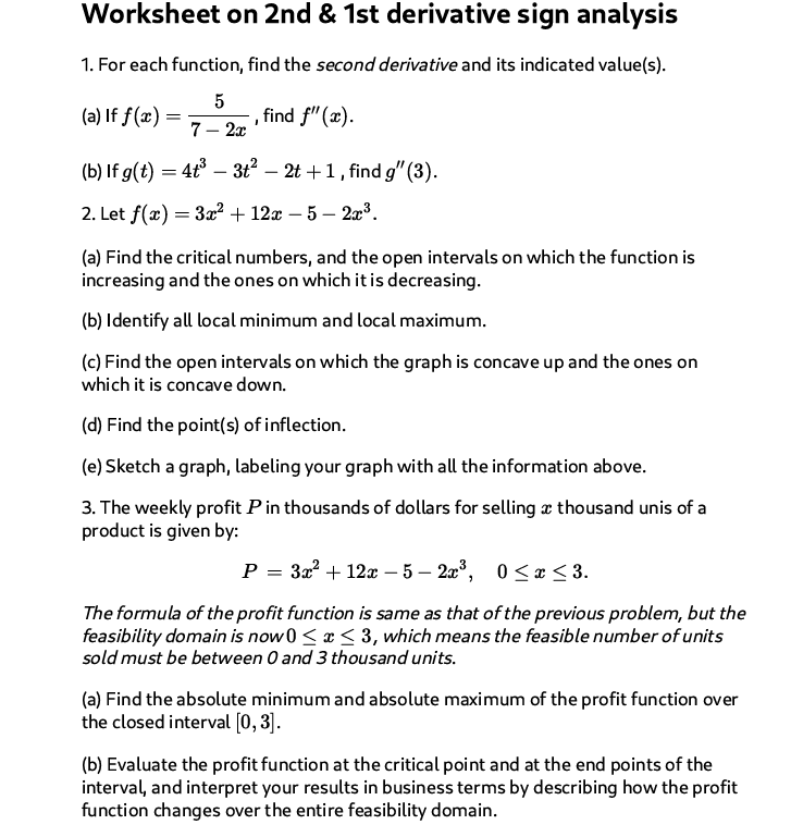 Solved Worksheet on 2nd ﻿& 1st ﻿derivative sign analysisFor | Chegg.com