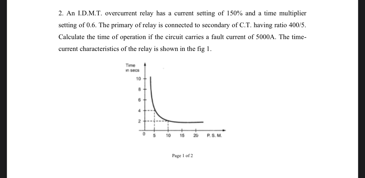 Solved An I.D.M.T. ﻿overcurrent relay has a current setting | Chegg.com
