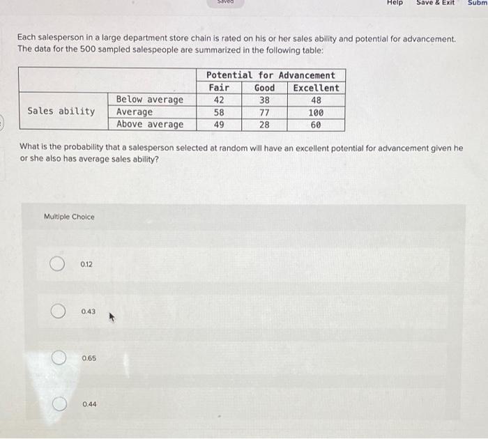 Solved Help Save & Exit Subm Each salesperson in a large | Chegg.com