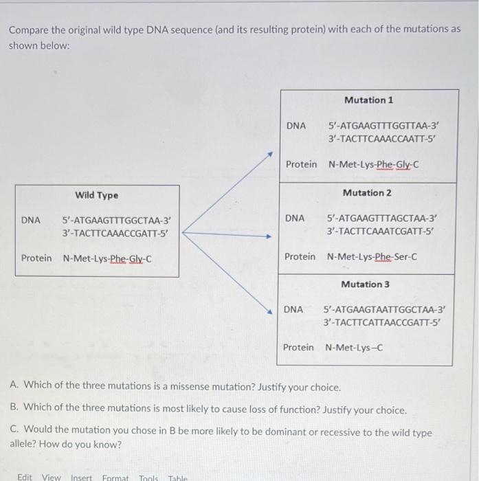 Solved Compare the original wild type DNA sequence (and its | Chegg.com