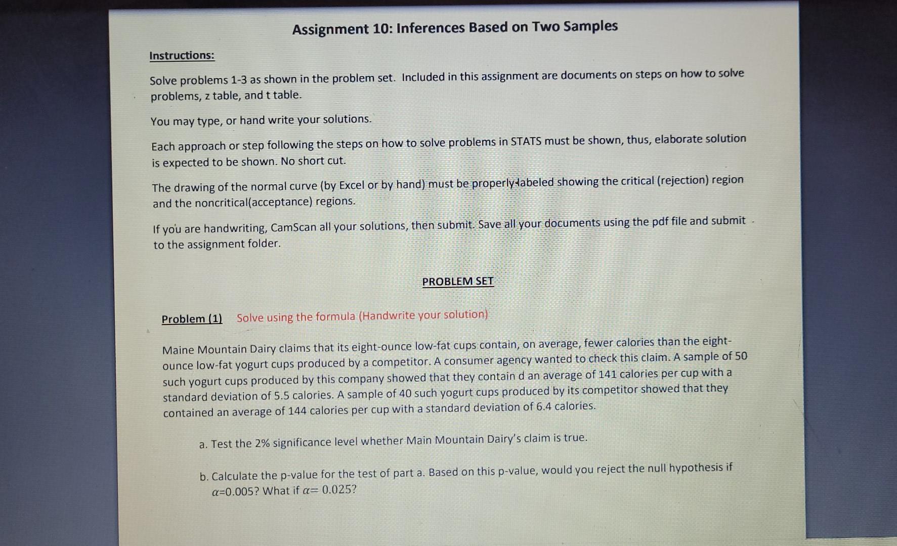 Solved Assignment 10: Inferences Based on Two Samples | Chegg.com