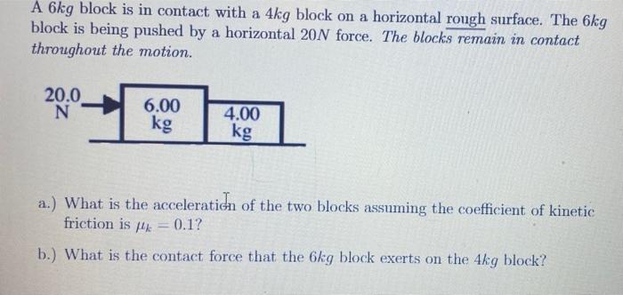 Solved A 6kg block is in contact with a 4kg block on a | Chegg.com