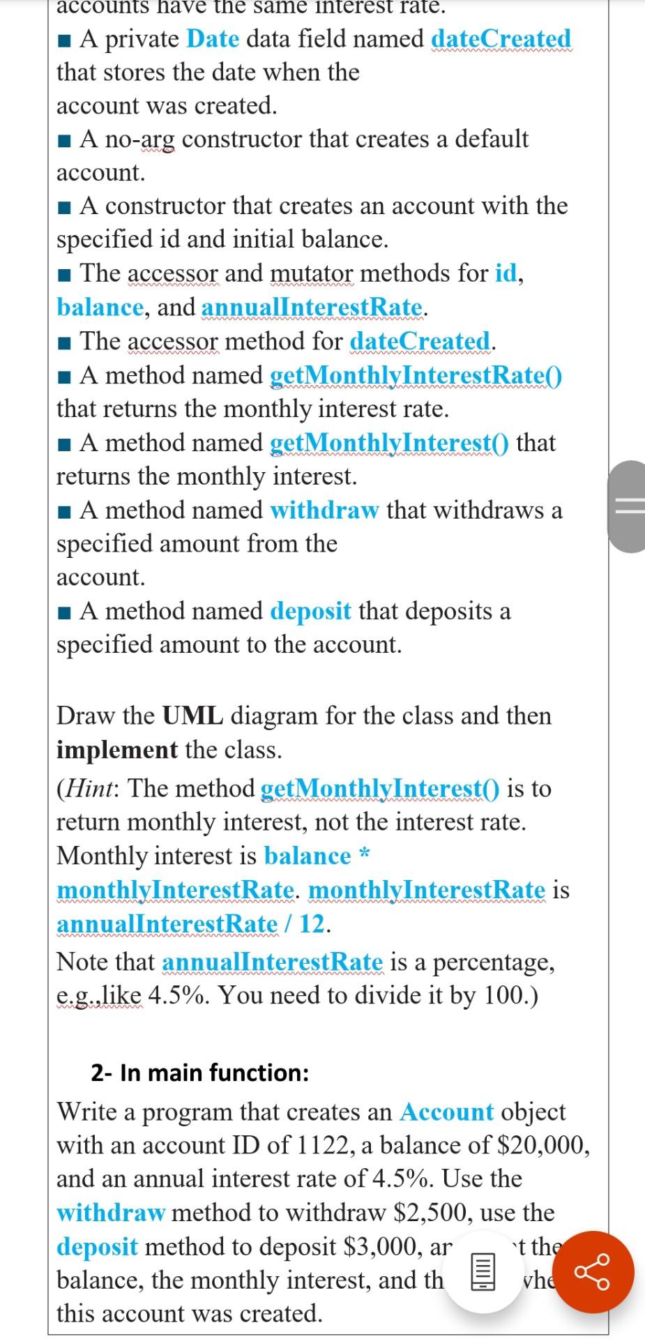 Solved 1- The class implementation: (The Account class) | Chegg.com