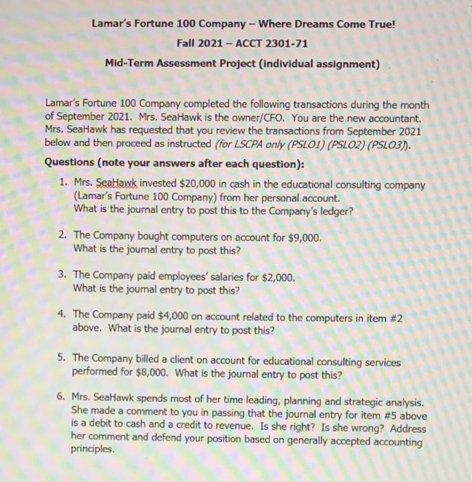 Lamar's Fortune 100 Company - Where Dreams Come True! | Chegg.com