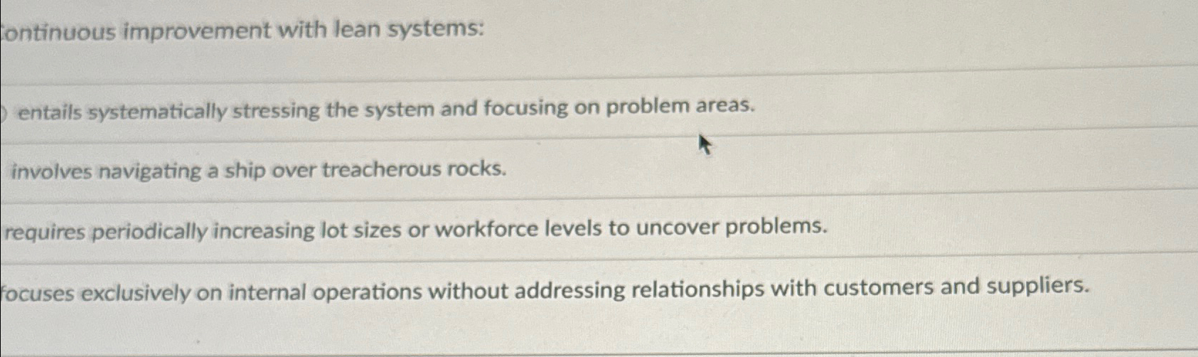 Solved Iontinuous improvement with lean systems:entails | Chegg.com