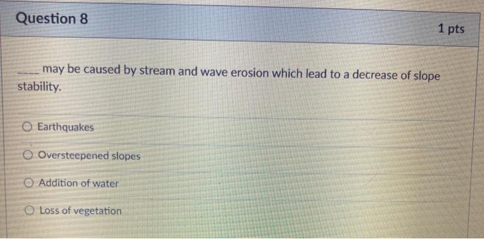 Solved Question 8 1 pts may be caused by stream and wave | Chegg.com