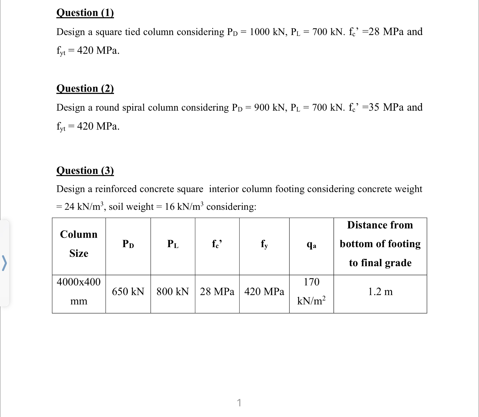 Solved Question (1)Design a square tied column considering | Chegg.com