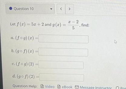 Solved Let f(x)=5x+2 and g(x)=5x−2, find: a. (f∘g)(x)= b. | Chegg.com