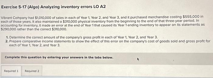 Solved Exercise 5-17 (Algo) Analyzing inventory errors LO A2 | Chegg.com