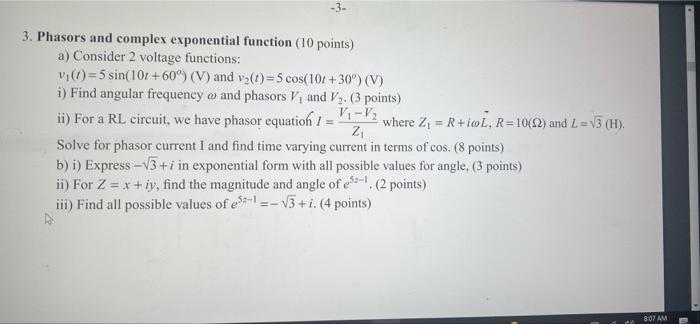 Solved -3. 3. Phasors and complex exponential function (10 | Chegg.com