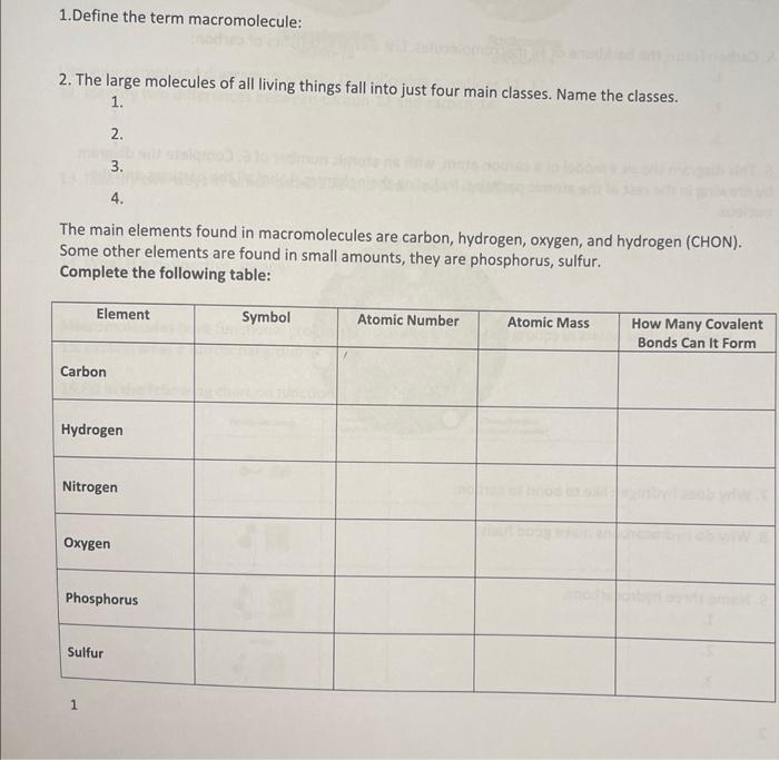 Solved 1.Define the term macromolecule: 2. The large | Chegg.com