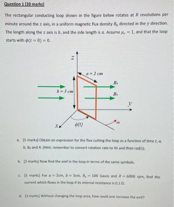 Solved Question 1 [20 marks] The rectangular conducting loop | Chegg.com