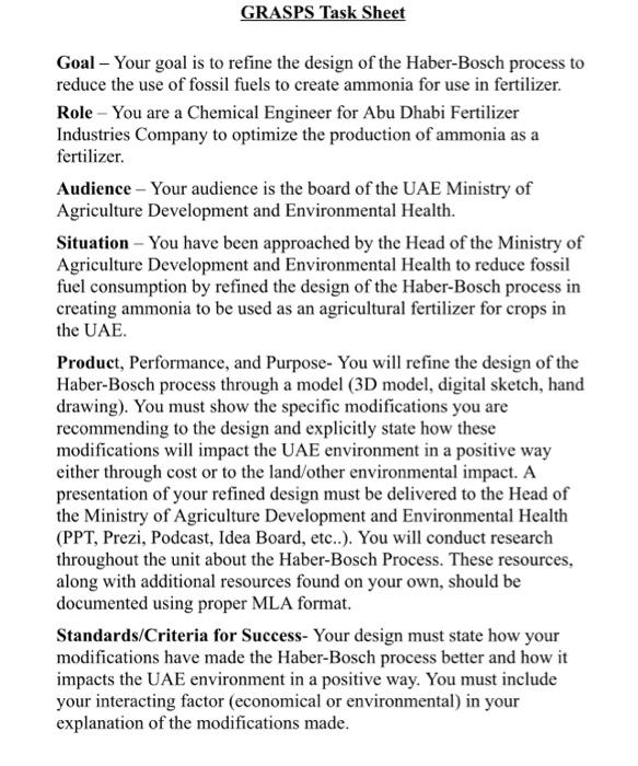 GRASPS Task Sheet Goal - Your goal is to refine the | Chegg.com