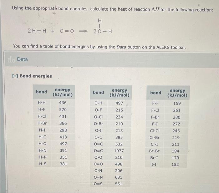 Solved Using the appropriate bond energies, calculate the | Chegg.com