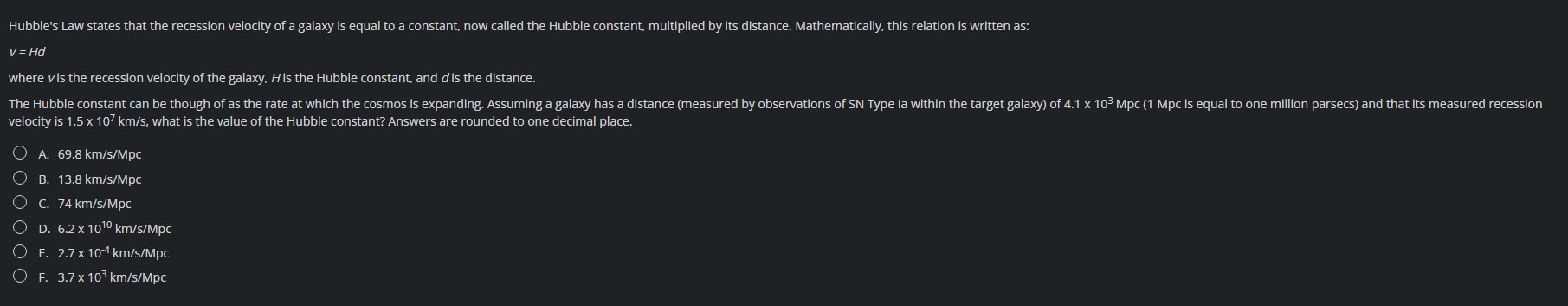 Solved Hubble's Law states that the recession velocity of a | Chegg.com