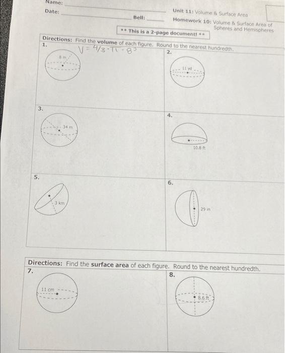Solved Name: Unit 11: Volume & Surface Area Date: Bell: | Chegg.com