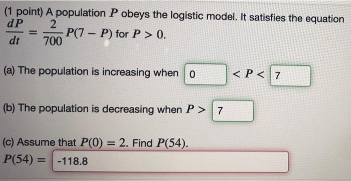 Solved (1 point) A population P obeys the logistic model. It | Chegg.com