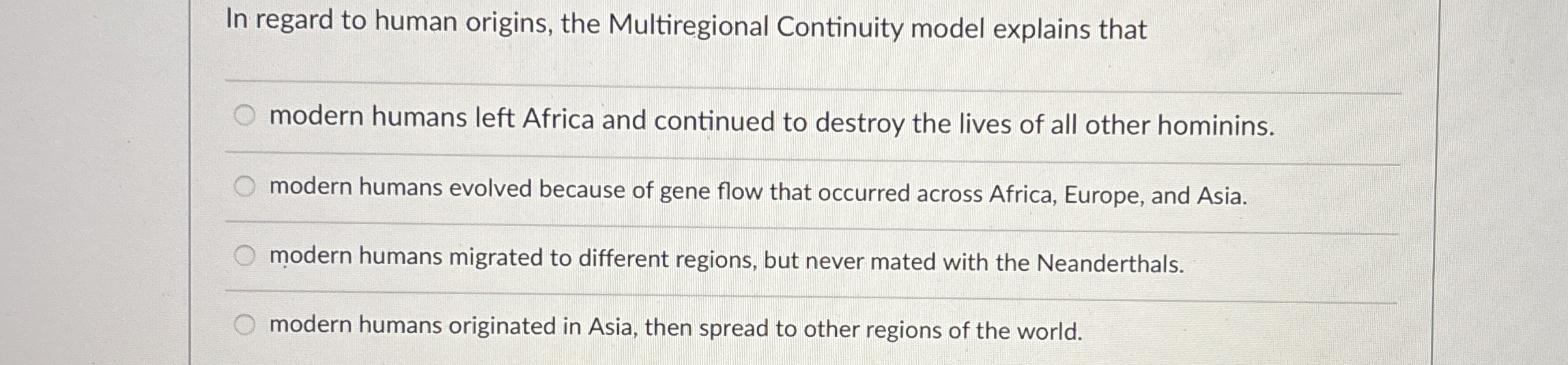 Solved In regard to human origins, the Multiregional | Chegg.com
