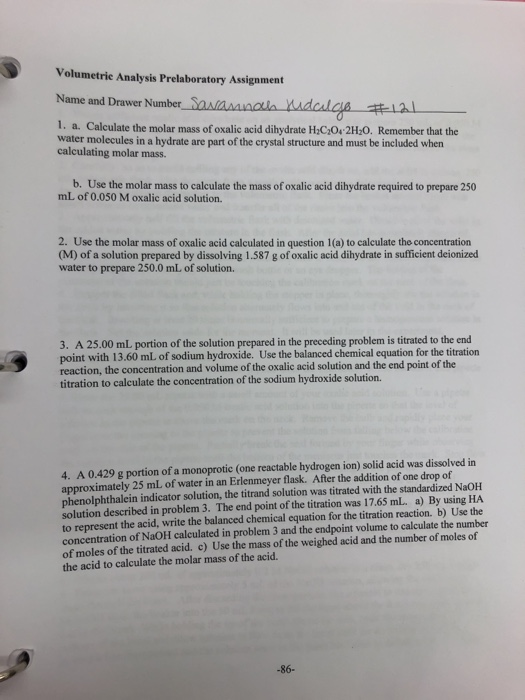 Solved Volumetrie Analysis Prelaboratory Assignment Name and | Chegg.com