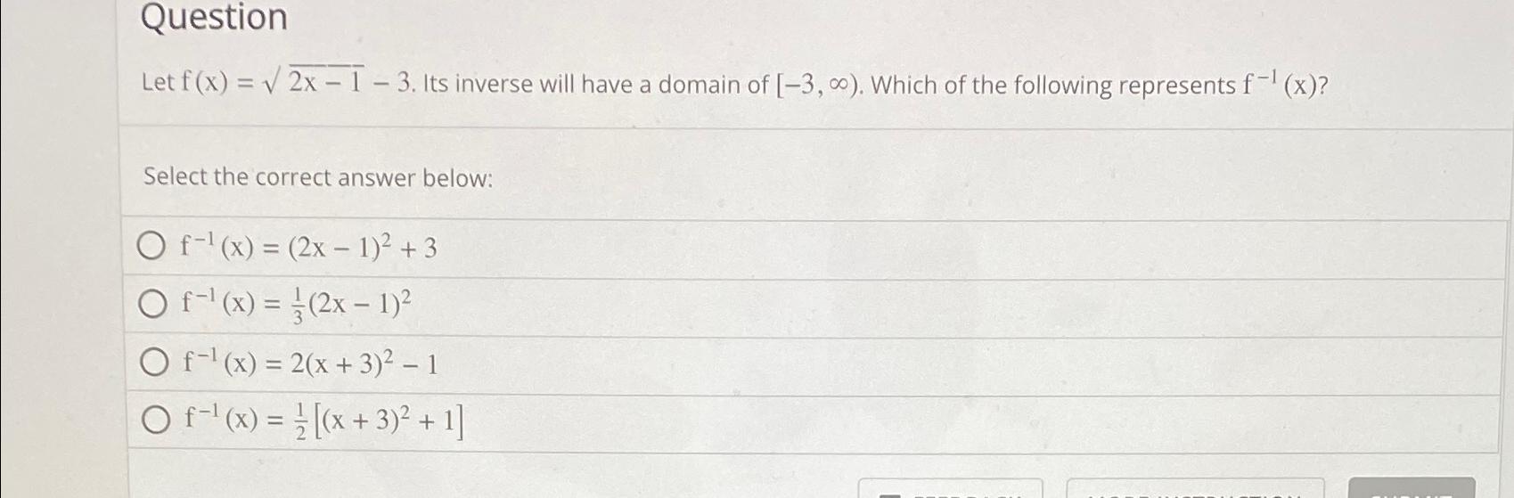 Solved QuestionLet f(x)=2x-12-3. ﻿Its inverse will have a | Chegg.com