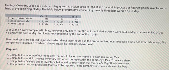 Solved Heritage Company Uses A Job Order Costing System To Chegg