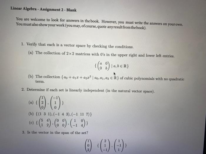 Solved Linear Algebra - Assignment 2 - Blank You are welcome | Chegg.com