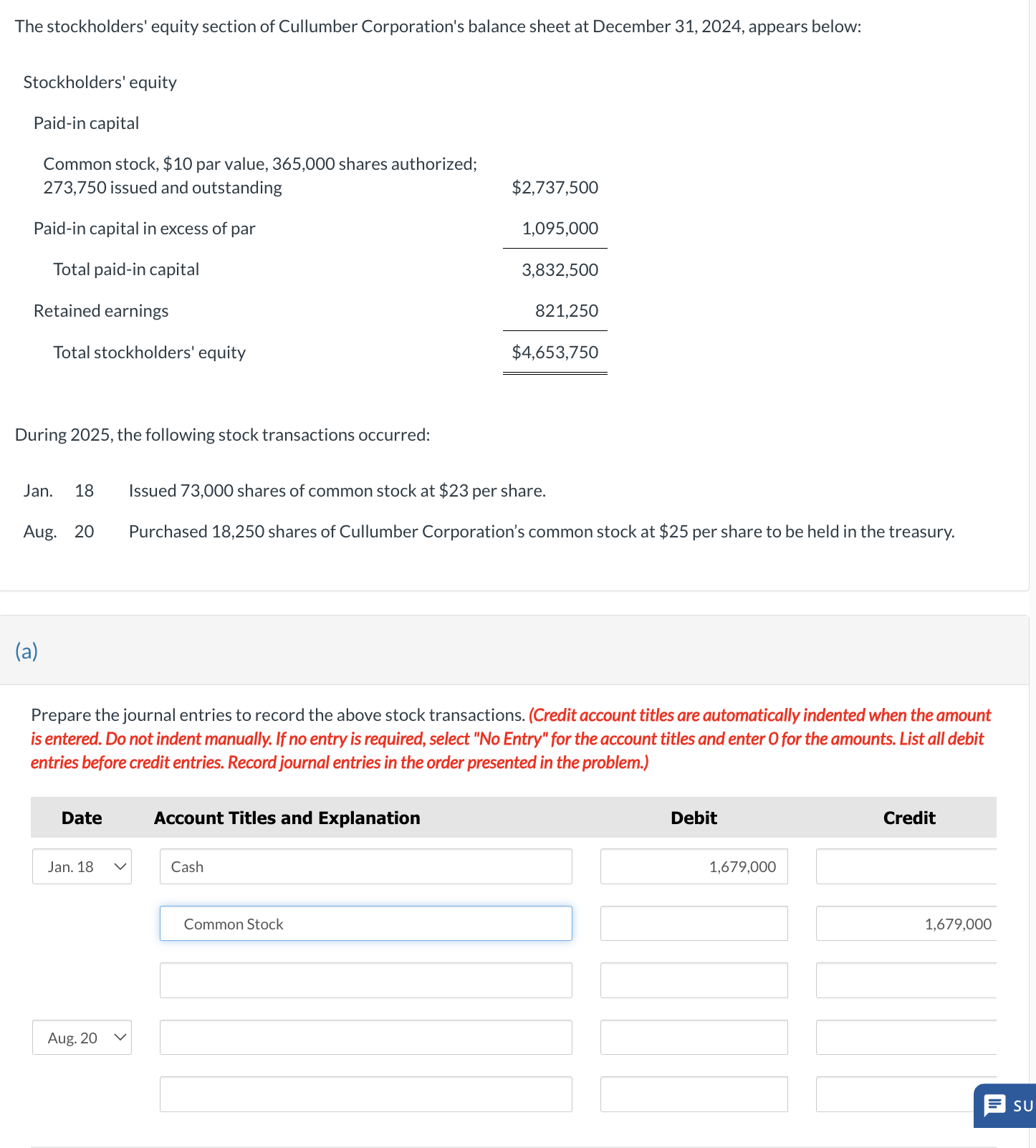 Solved The stockholders' equity section of Cullumber | Chegg.com