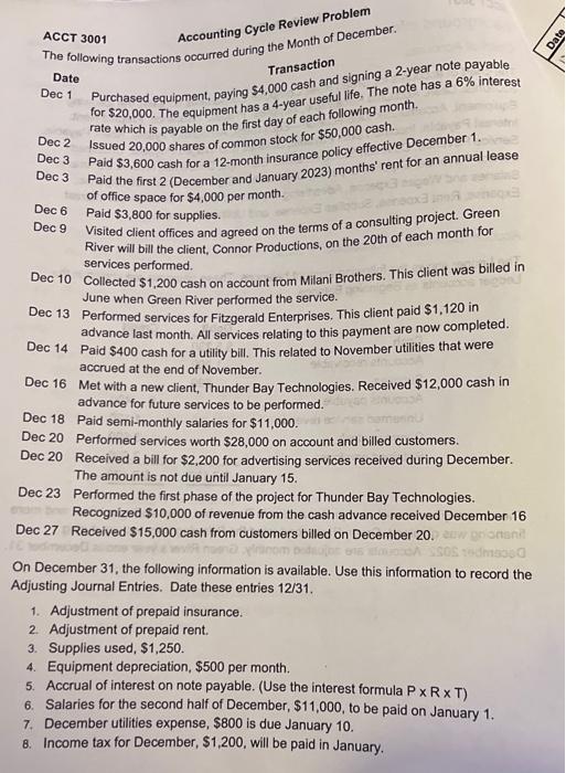Solved ACCT 3001 Accounting Cycle Review Problem | Chegg.com