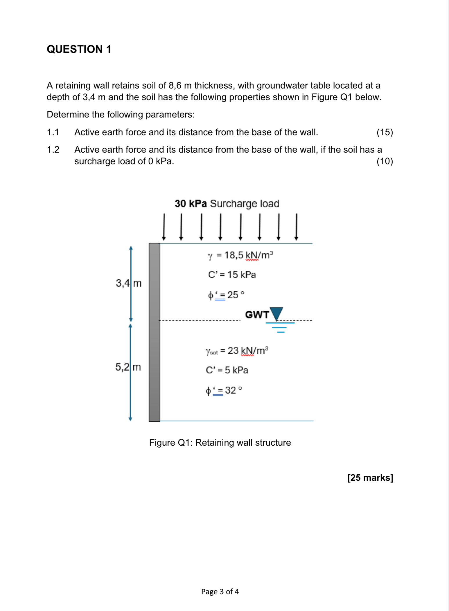 Solved QUESTION 1A retaining wall retains soil of 8,6m | Chegg.com