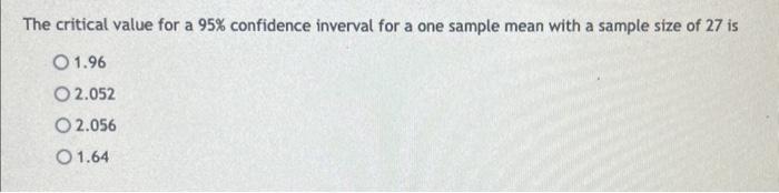 Solved The critical value for a 95% confidence inverval for | Chegg.com