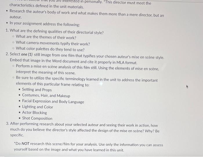 Unit Assignment: An Auteur's Mise en Scene At General | Chegg.com