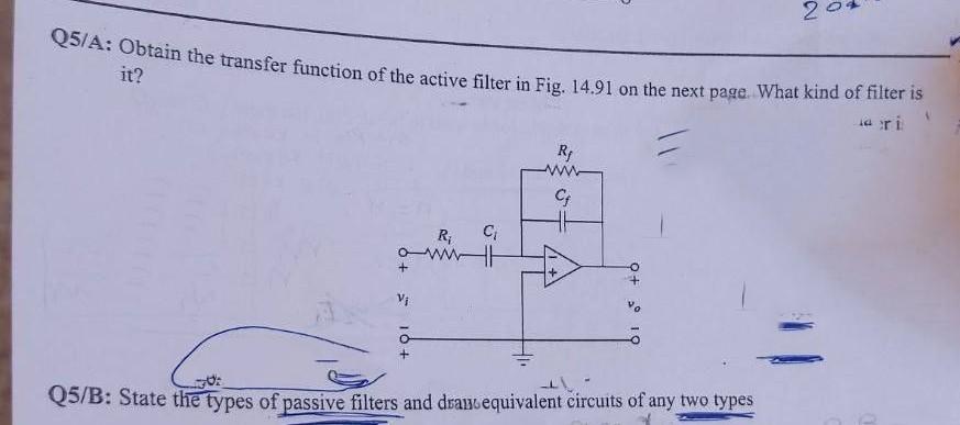 Solved Q5/A: Obtain the transfer function of the active | Chegg.com