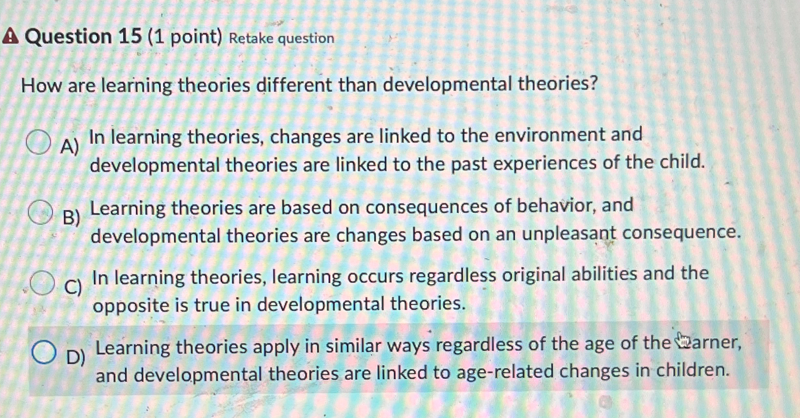 Solved A Question 15 (1 ﻿point) ﻿Retake questionHow are | Chegg.com