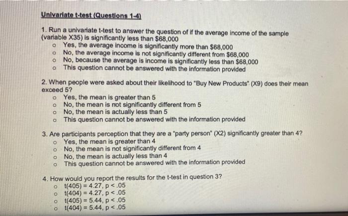 Solved Univariate t-test (Questions 1-4) o 1. Run a | Chegg.com