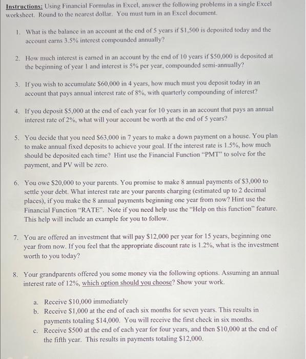 Solved Instructions: Using Financial Formulas in Excel, | Chegg.com