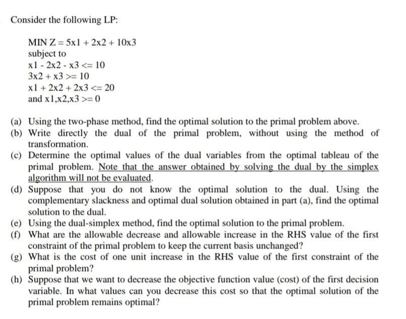 Solved Consider the following LP: MIN Z =5×1+2×2+10×3 | Chegg.com