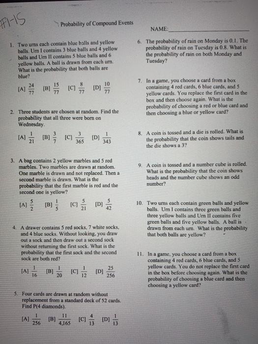 Solved IHS Probability of Compound Events NAME: 1. Two urns | Chegg.com